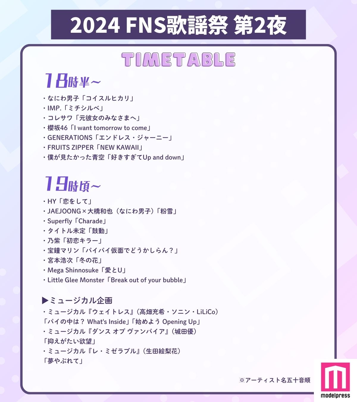 (画像1/2) 「2024FNS歌謡祭」第2夜タイムテーブル公開 - モデルプレス