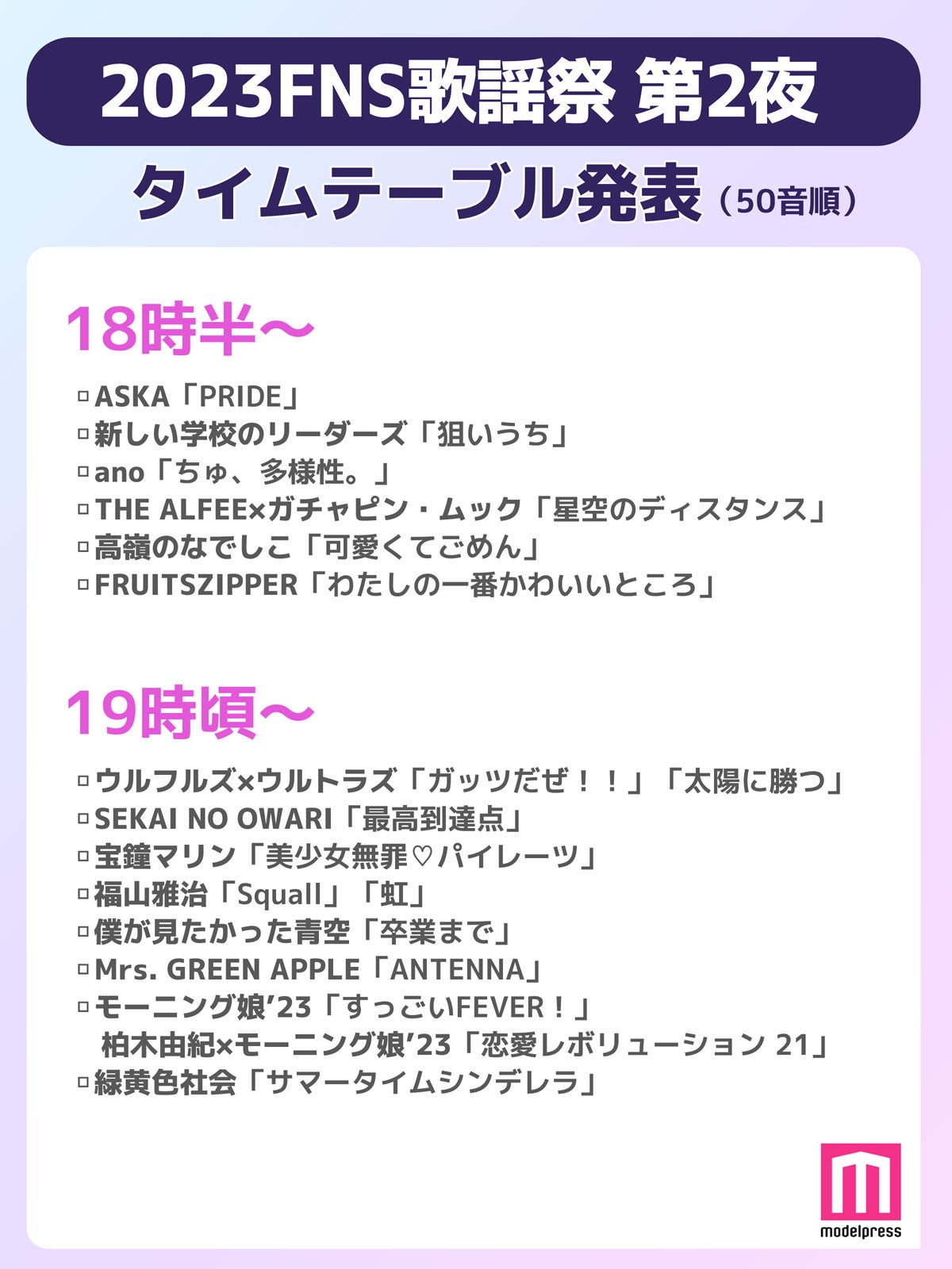(画像2/6) 「2023FNS歌謡祭」第2夜タイムテーブル公開 - モデルプレス